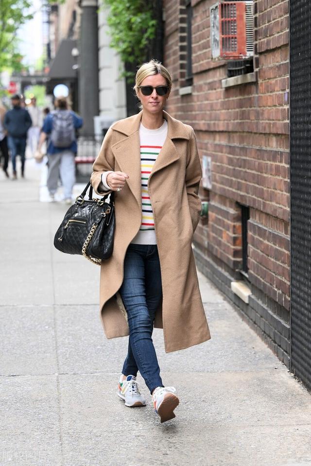 Nicky Hilton wears super good-looking, khaki coat + striped sweater ...