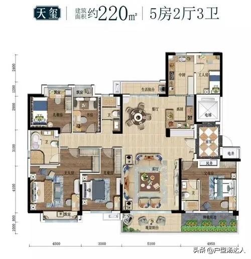 220 square meters, five bedrooms, two halls, three bathrooms, an ...