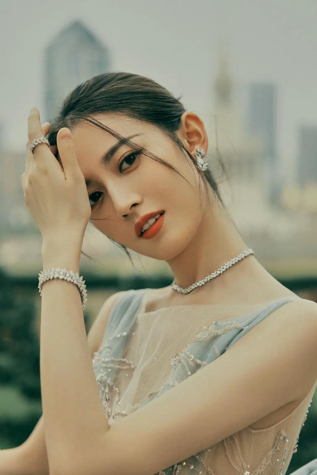 Chen Yuqi, with fluttering skirts, dim drizzle, confident smile, as ...