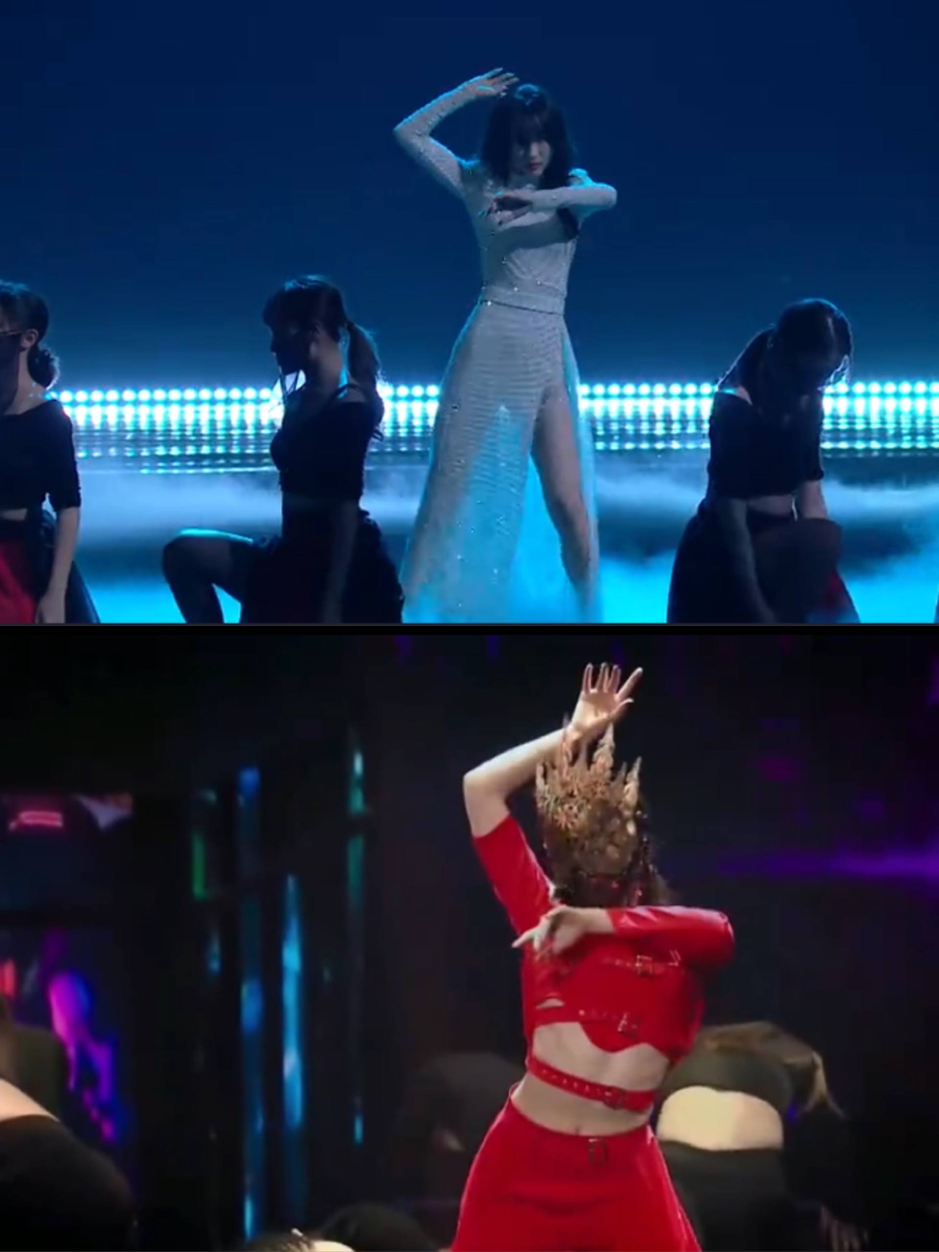 Thick eyeliner, umbilical dress, long boots, sequins all over the face ...