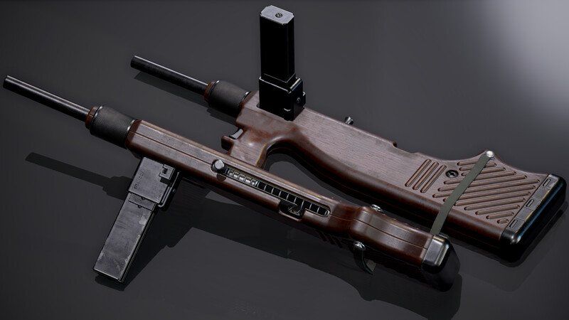 A close relative of the Stern submachine gun, the British one-handed ...