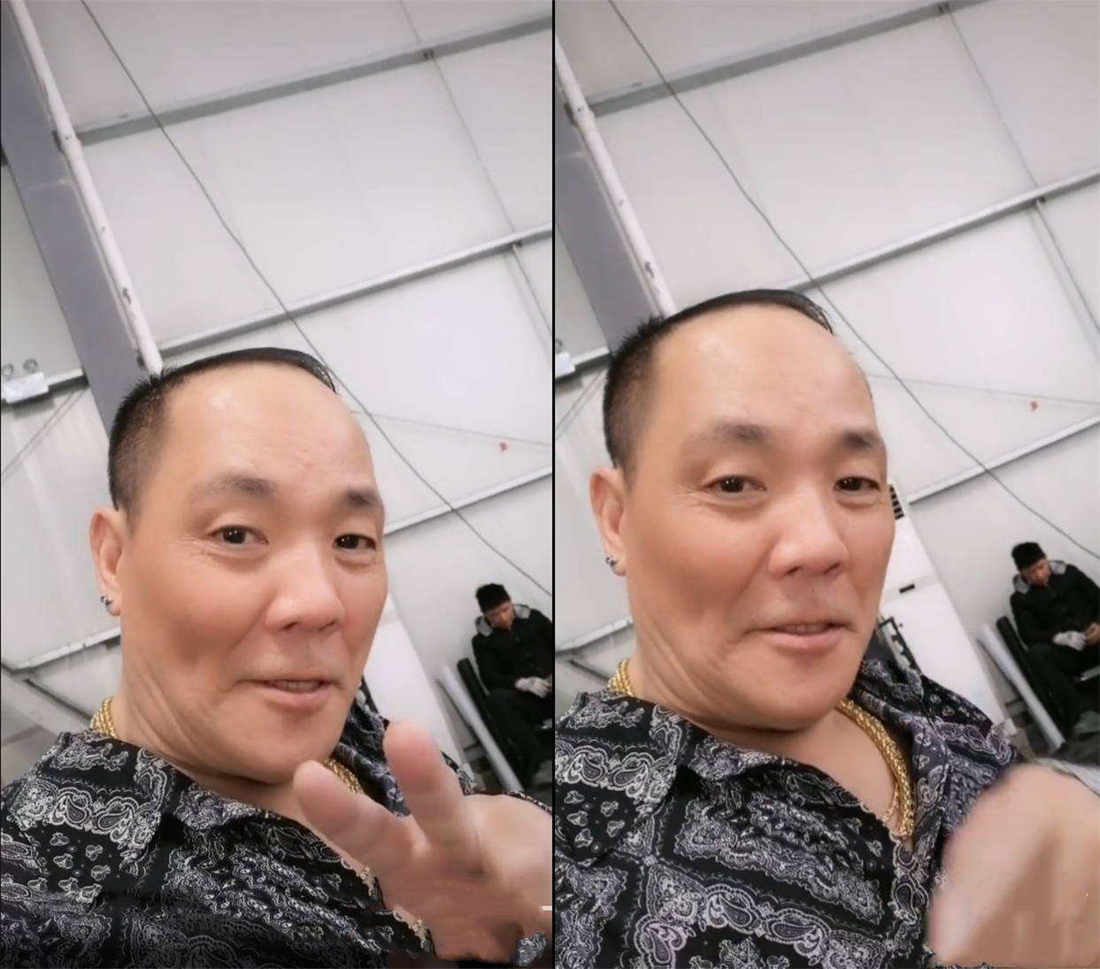 Cheng Dong wears a big golden chain for filming. He is more than half a ...