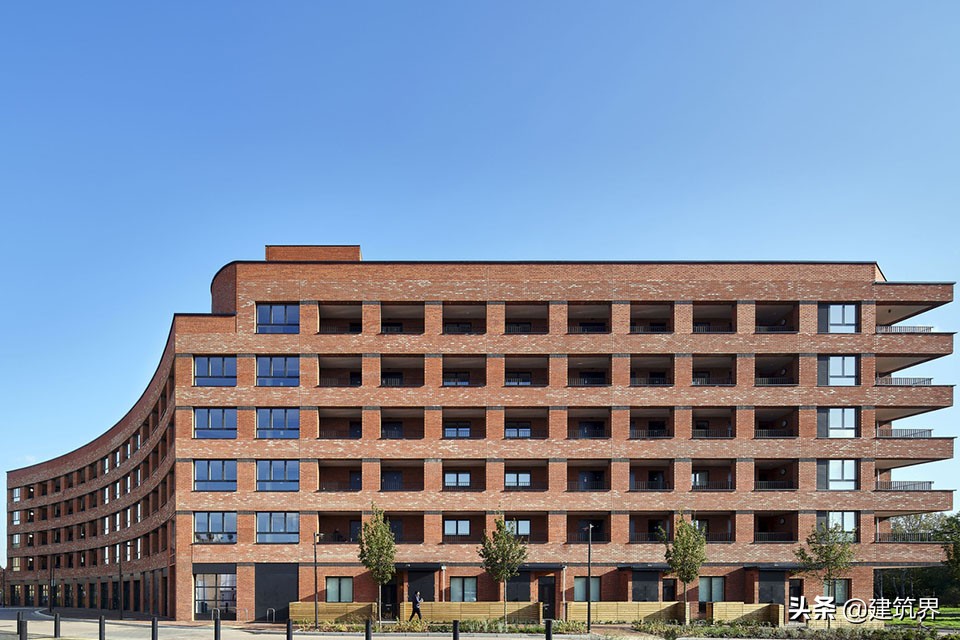 British brutalism building with a distinctive red brick facade ...