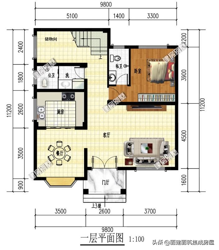 It covers an area of 100 square meters, with a modern style of 9.8×11.2 ...