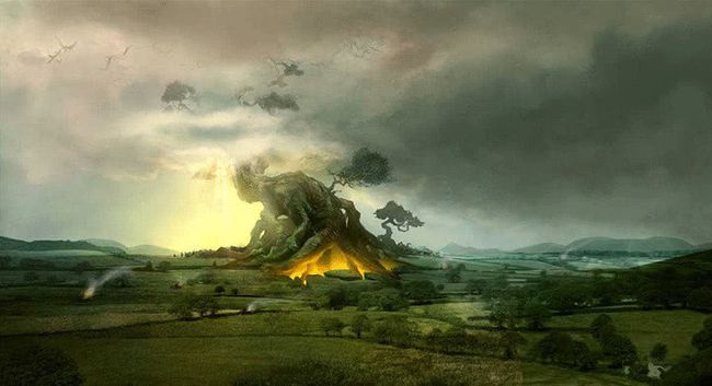 The ancient sacred tree in mythology, the trunk of the tree leads ...