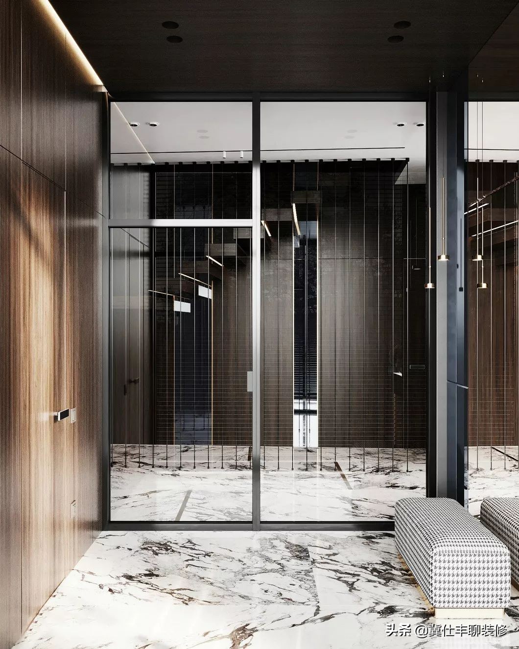Duplex house, with wall panels, marble, plaster line and titanium bars ...