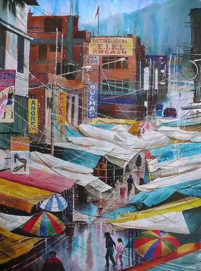 The watercolor landscape painting by Peruvian painter Aquiles Rondan ...