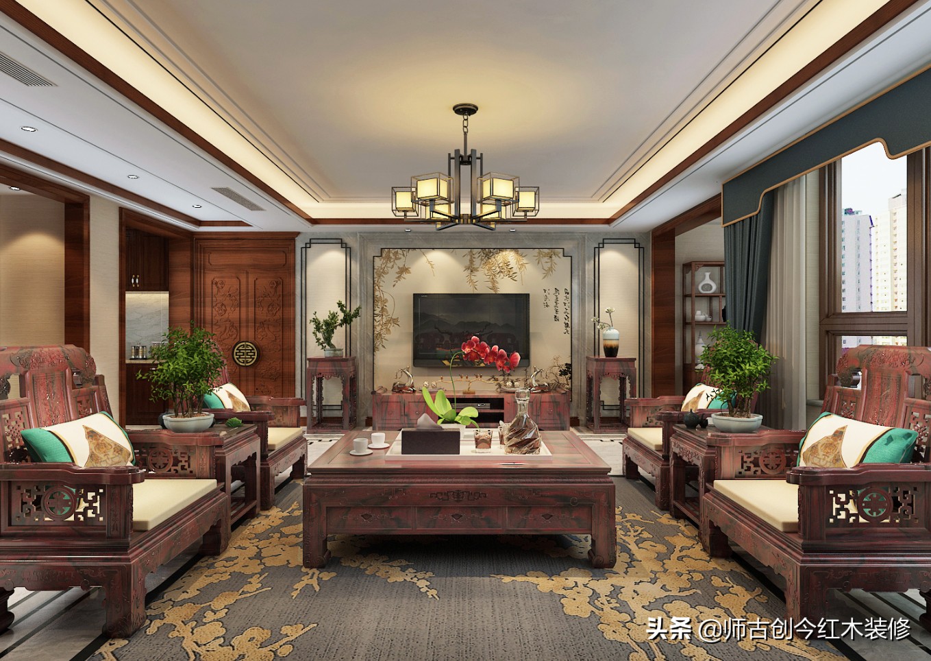 Chinese-style decoration in the living room, warm and comfortable ...