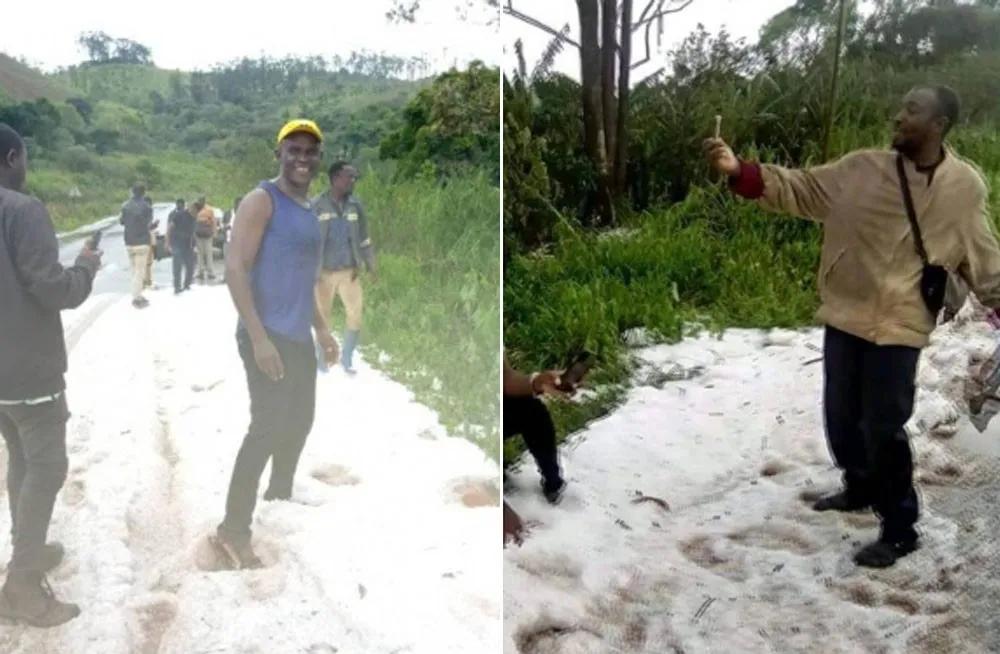 Snow is rare in Cameroon, Africa, people wear short sleeves and happily ...