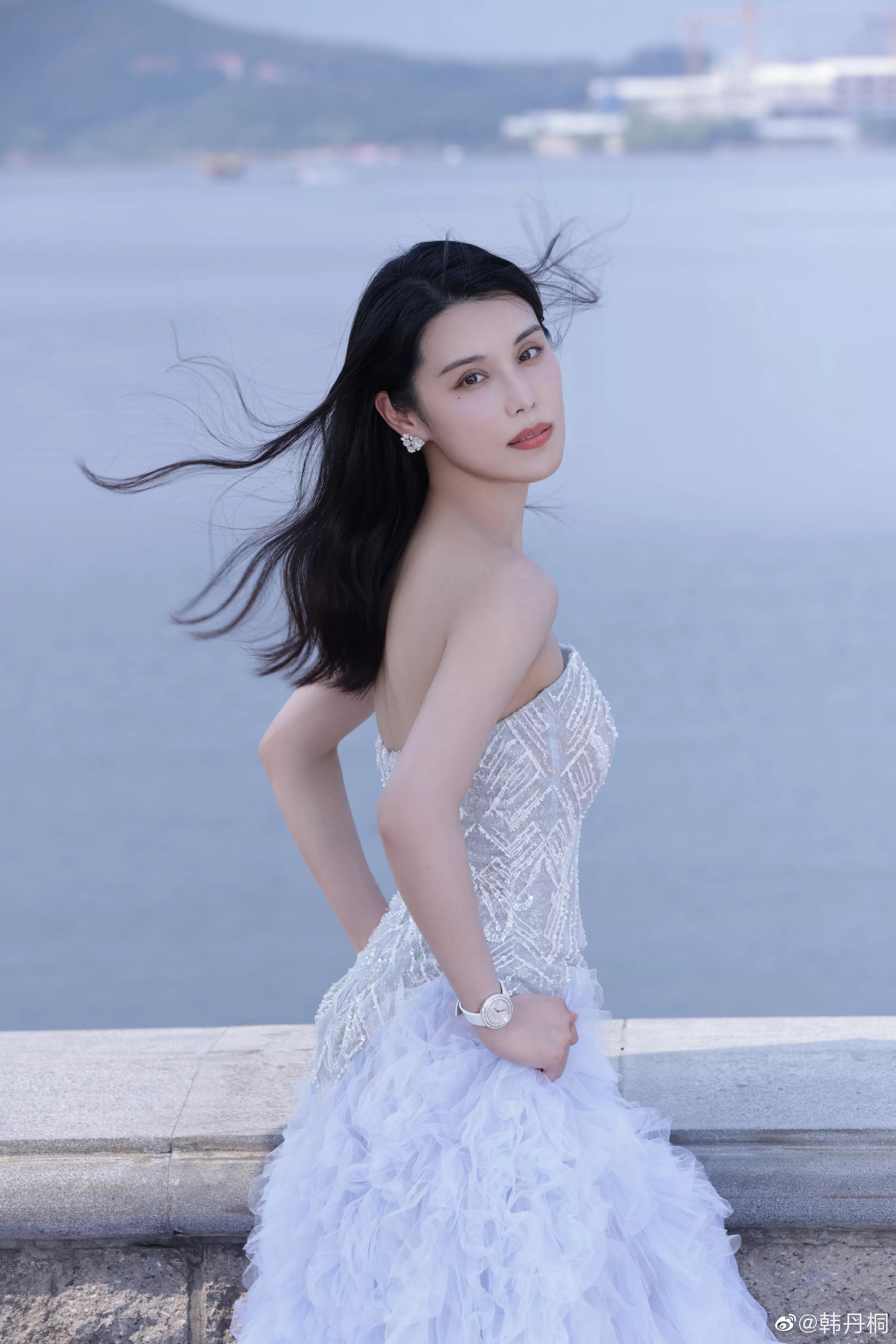 Han Dantong's photo, wearing a silver tube top gauze skirt, elegant and ...