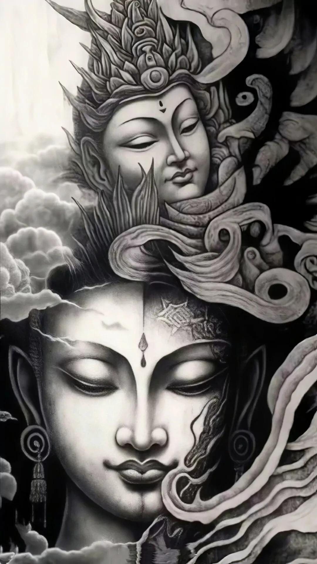 Material, between a Buddha and a demon, hand-painted in black and white ...