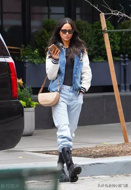 Aisha Gonzalez is wearing a spliced denim baseball jacket + denim wide ...