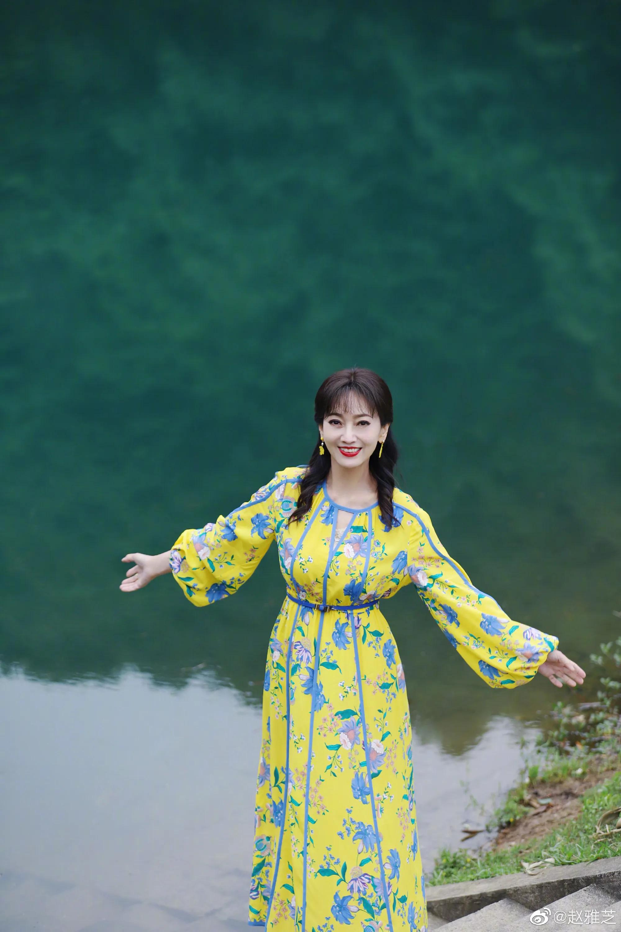 Zhao Yazhi wears a yellow printed dress with elegant and charming ...