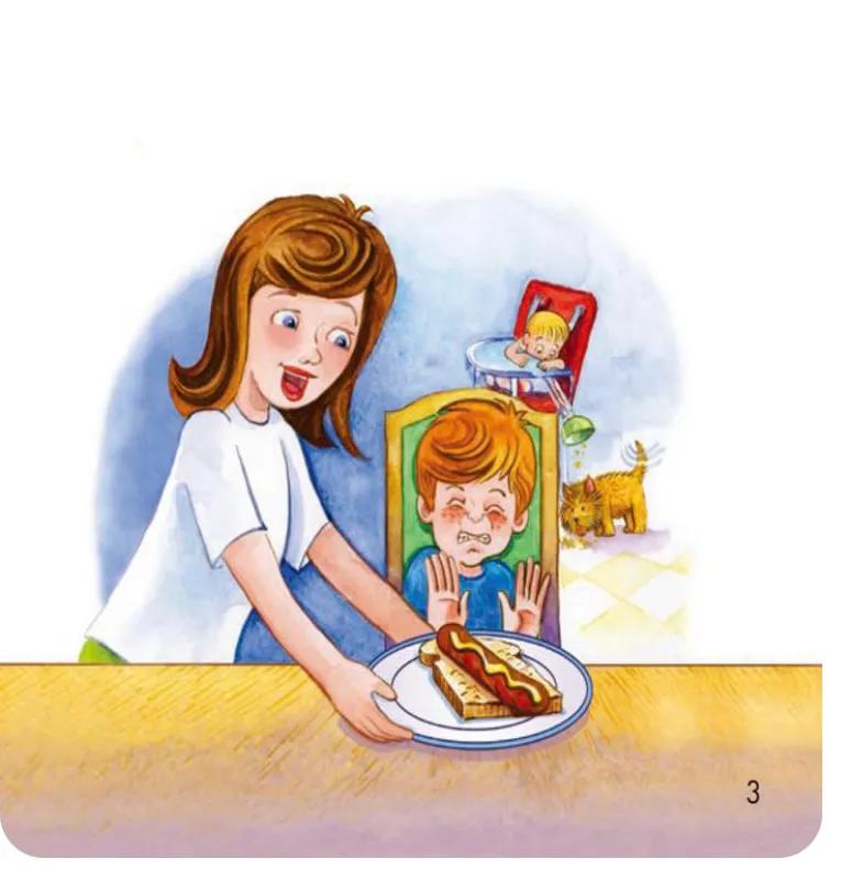 Henry the picky eater reading the picture book "Hungry Harry" with his ...