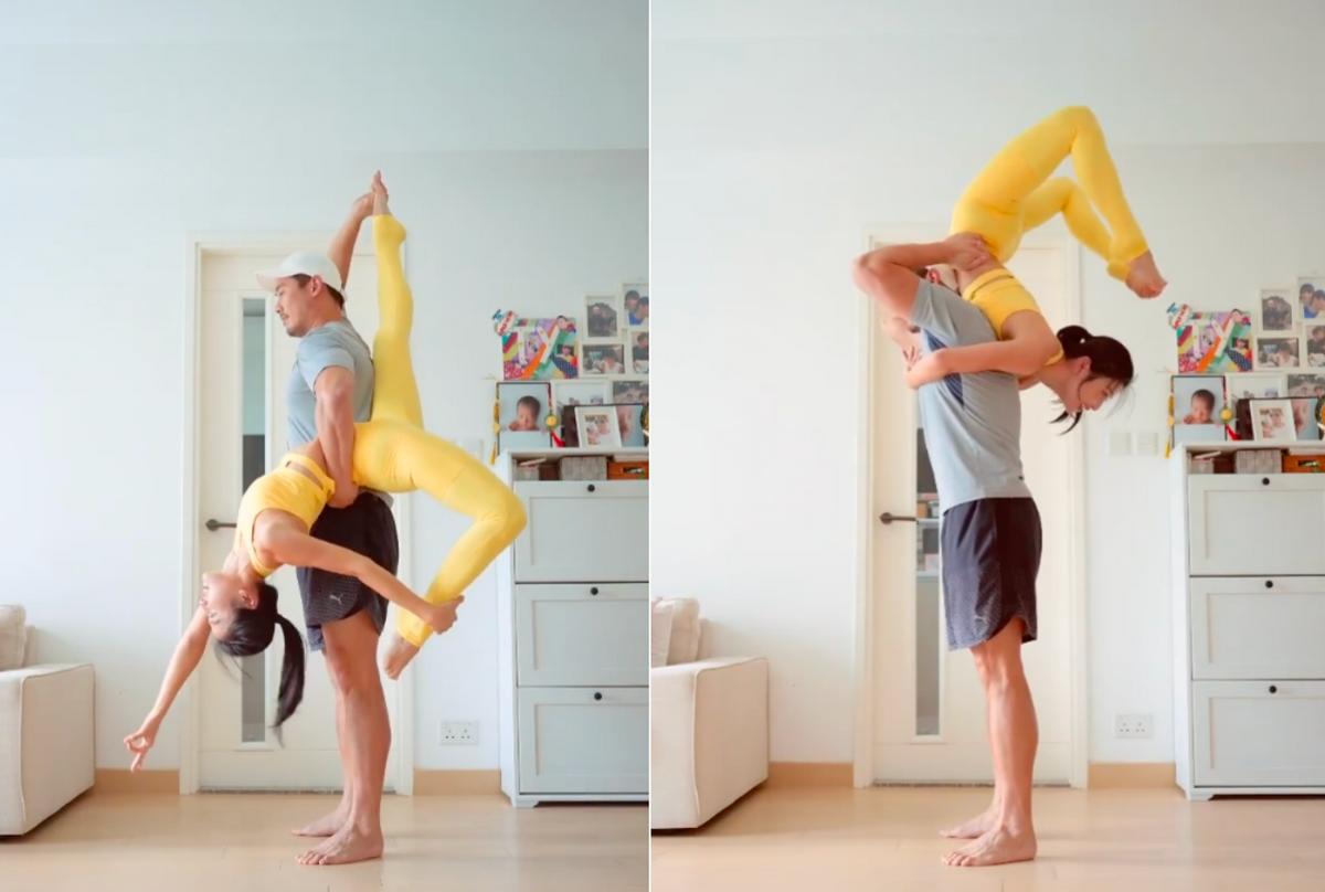 Lin Qianyu and her husband practice double yoga, hug their necks and ...