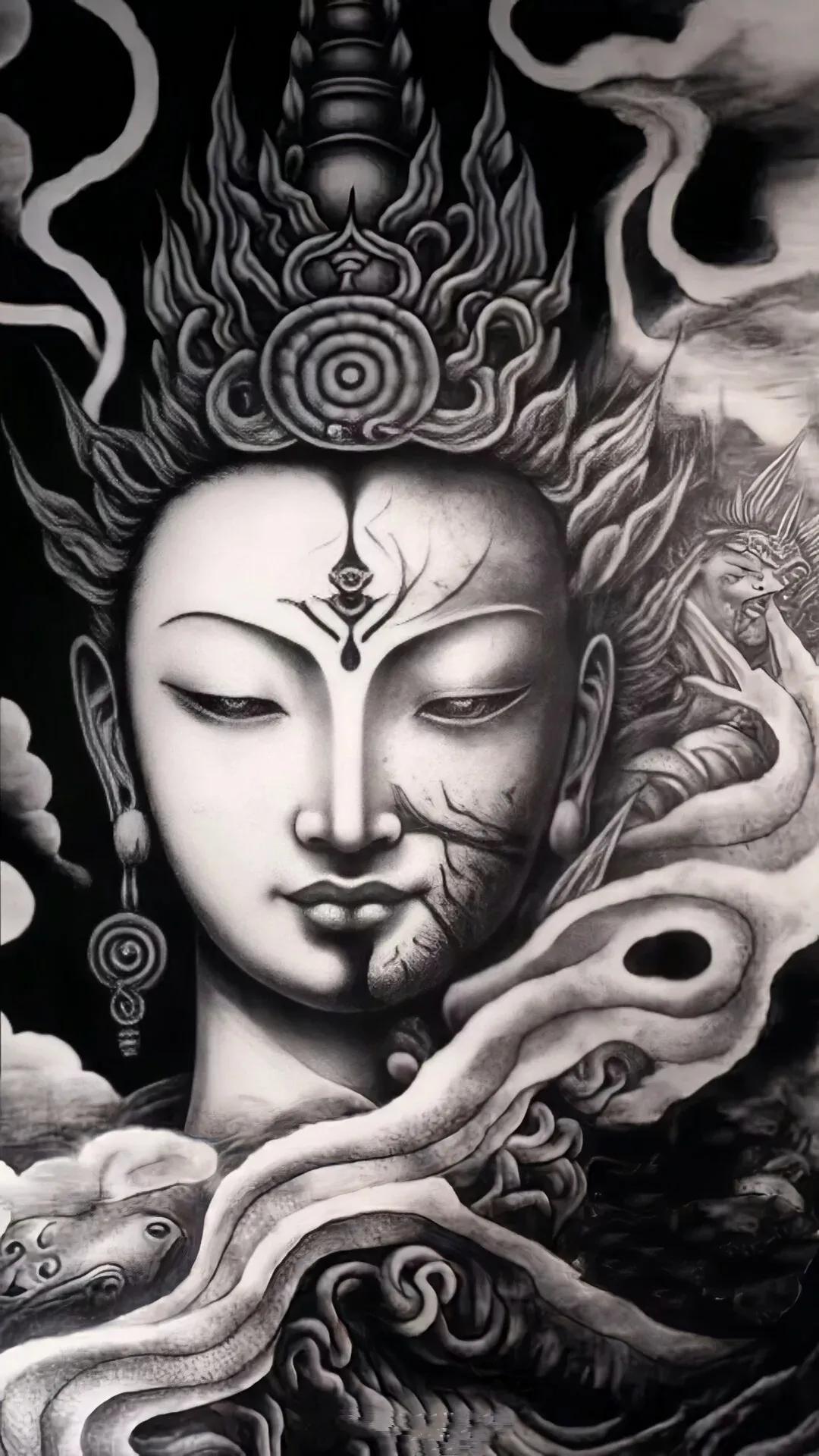 Material, between a Buddha and a demon, hand-painted in black and white ...