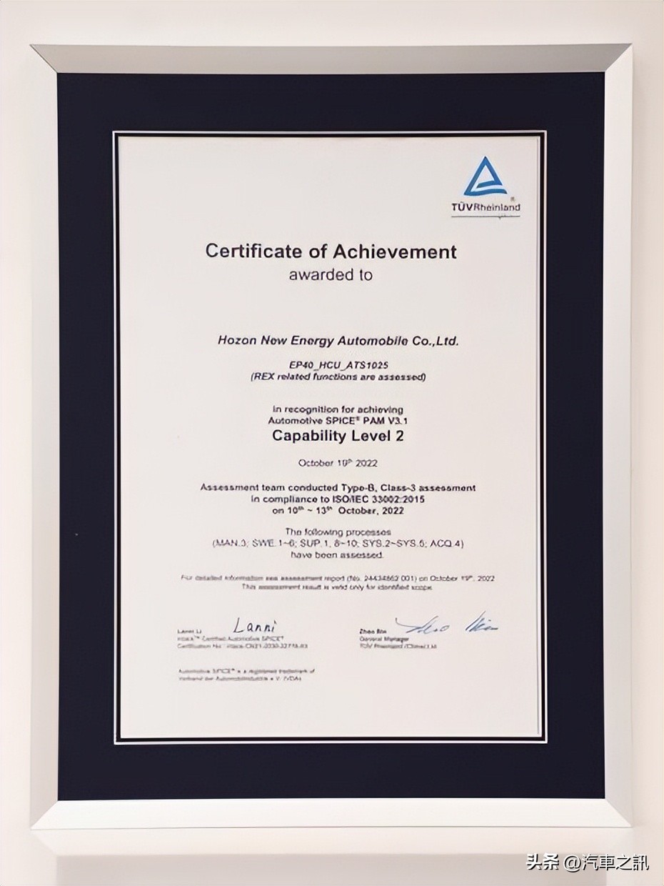 Authoritative Certification Nezha Motors obtained ASPICE CL2 certification from TÜV Rheinland ...