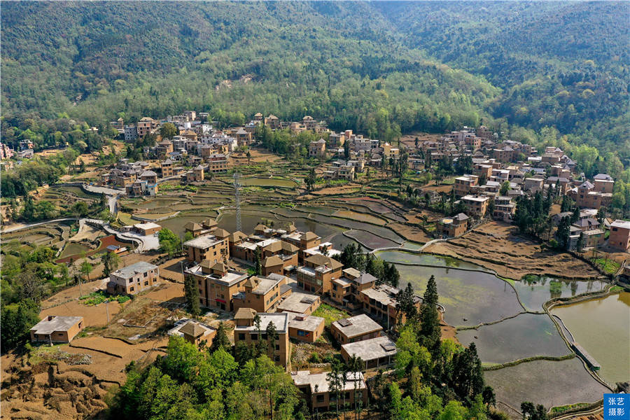 The beautiful ancient village of Azhake among the terraced fields in ...