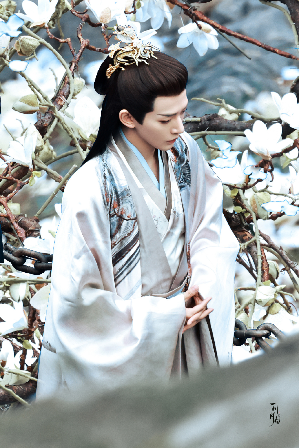 Deng Wei's stunning glimpse under the magnolia flowers shows the cool ...