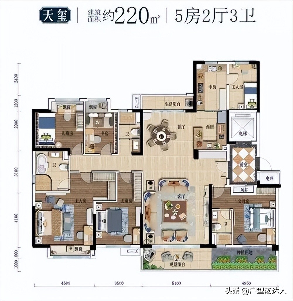 220 square meters, five bedrooms, two halls, three bathrooms, an ...