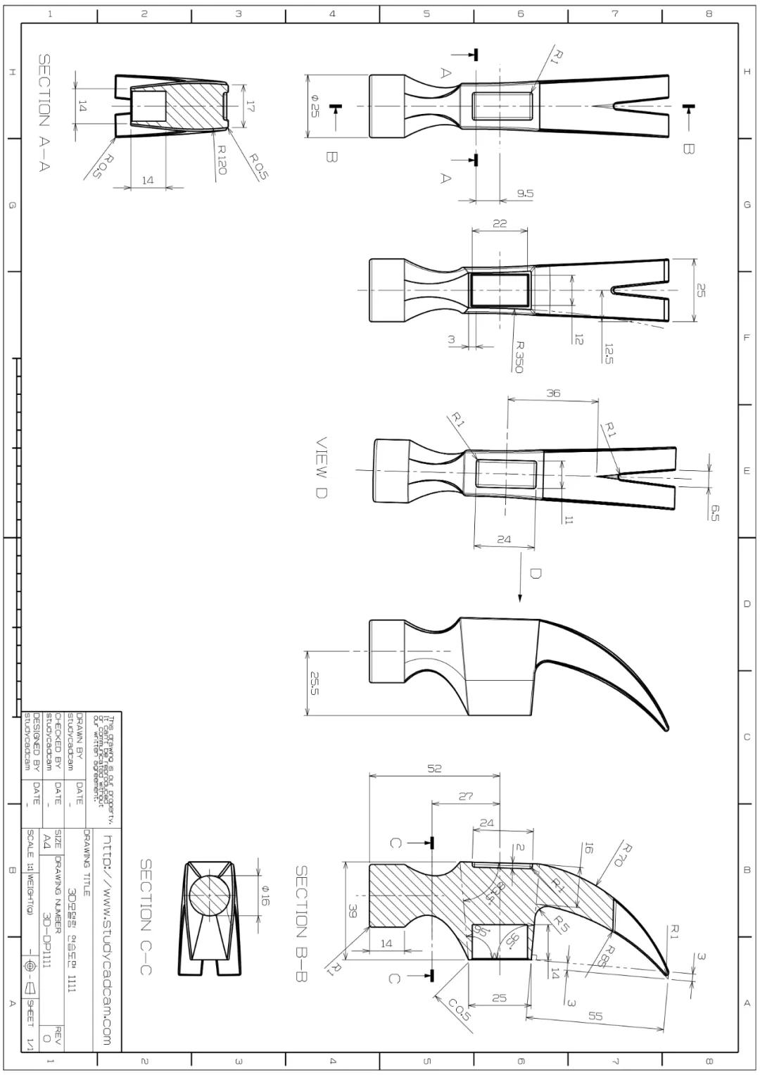 Draw a claw hammer with SolidWorks, this picture is a bit complicated ...