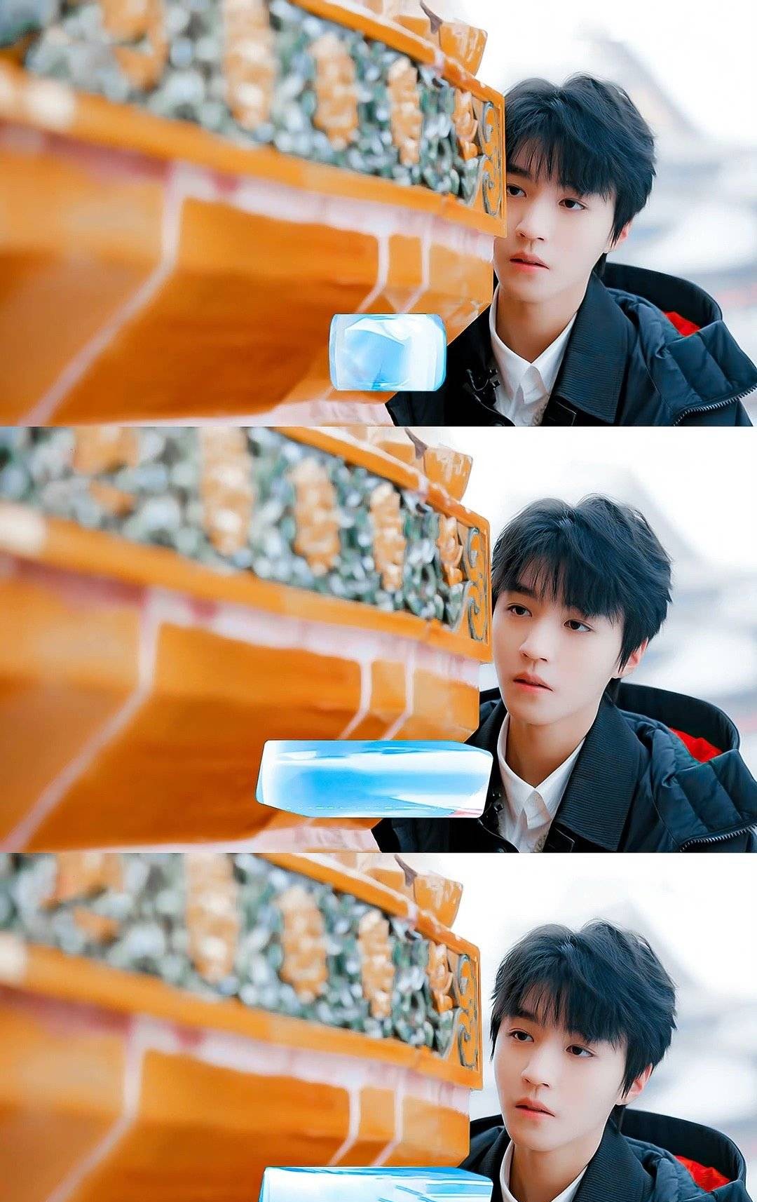 Still photos of Wang Junkai walking alone on a red wall and flying ...