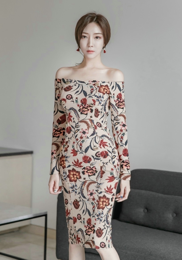 High heels beauty print off-shoulder tight skirt charming wear - iNEWS