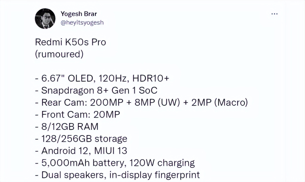 Redmi K50S Pro exposure: equipped with Snapdragon 8+ processor, rear 200 million pixel camera ...