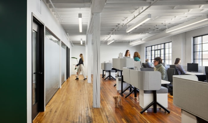 Office textures and colors are light and bright in contrast to the raw ...