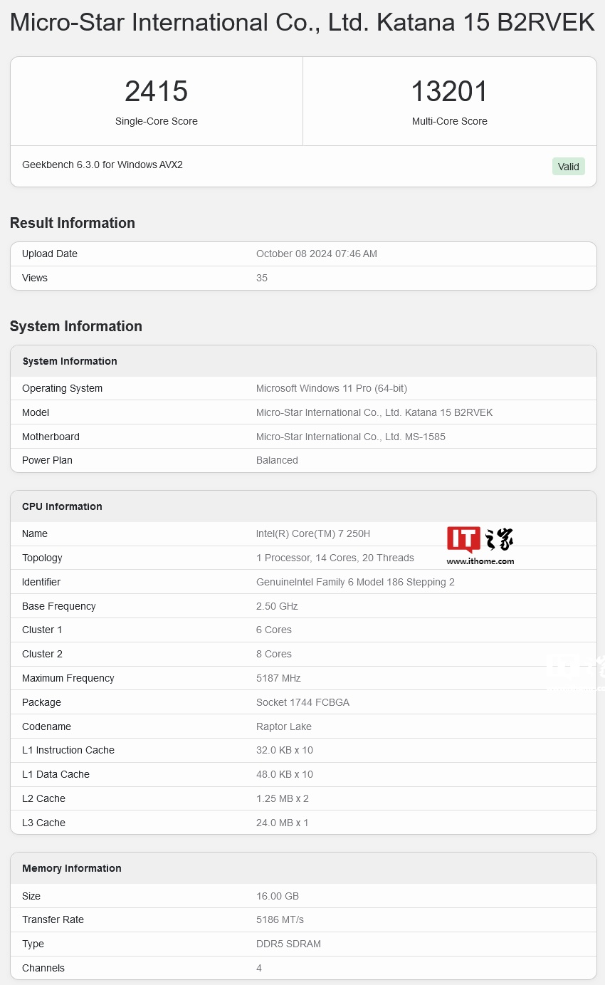 Intel Core 7 250H processor exposed: single core performance is 2.63% ...