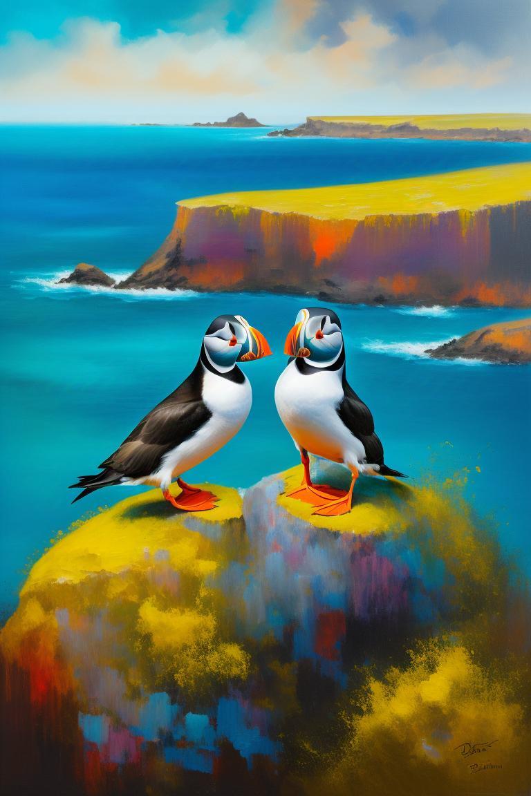 Oil painting of a pair of puffins with bright beaks, nesting on the ...