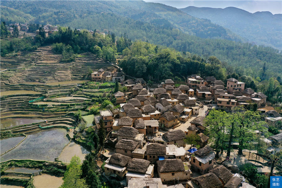 The beautiful ancient village of Azhake among the terraced fields in ...