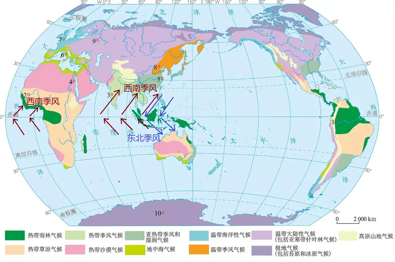 Three monsoon phenomena in which the trade winds are deflected across ...