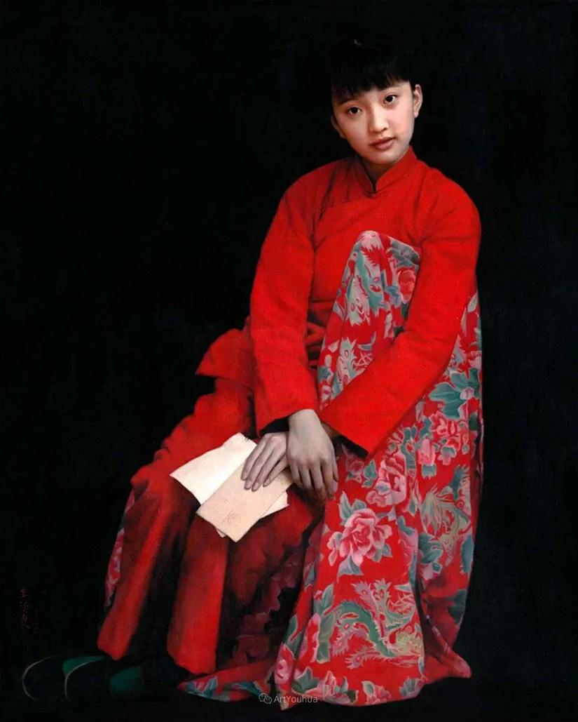 The woman in red in the oil painting, Chinese red shows the most ...
