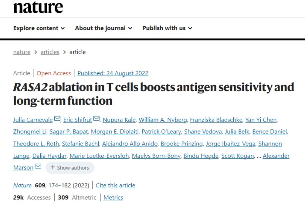Knockout of the RASA2 gene enhances the effectiveness and persistence ...