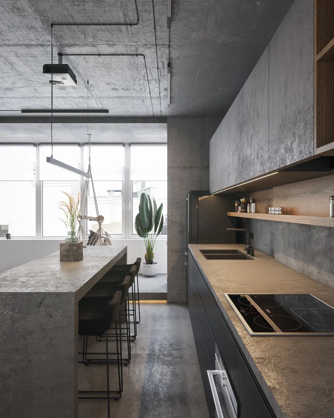 70㎡ small apartment LOFT, the bare concrete space can also be very warm ...