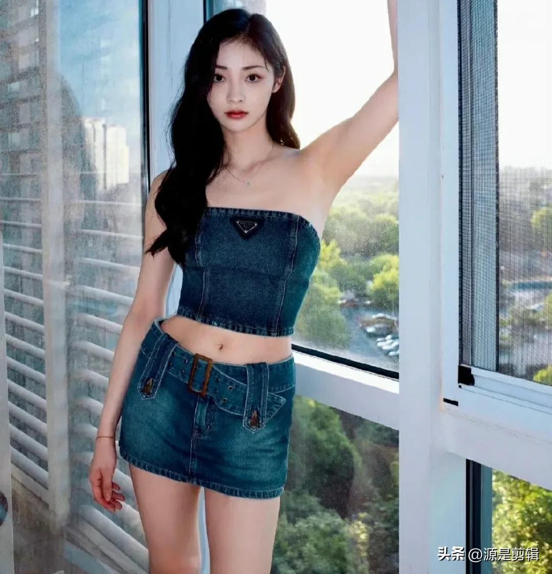 Zhou Jieqiong's denim tube top skirt shows a pretty waist and holds a ...