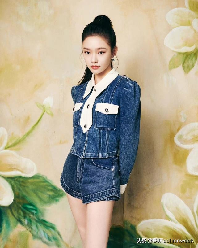 Lin Yun wears a denim suit with white embellishments, which is playful ...