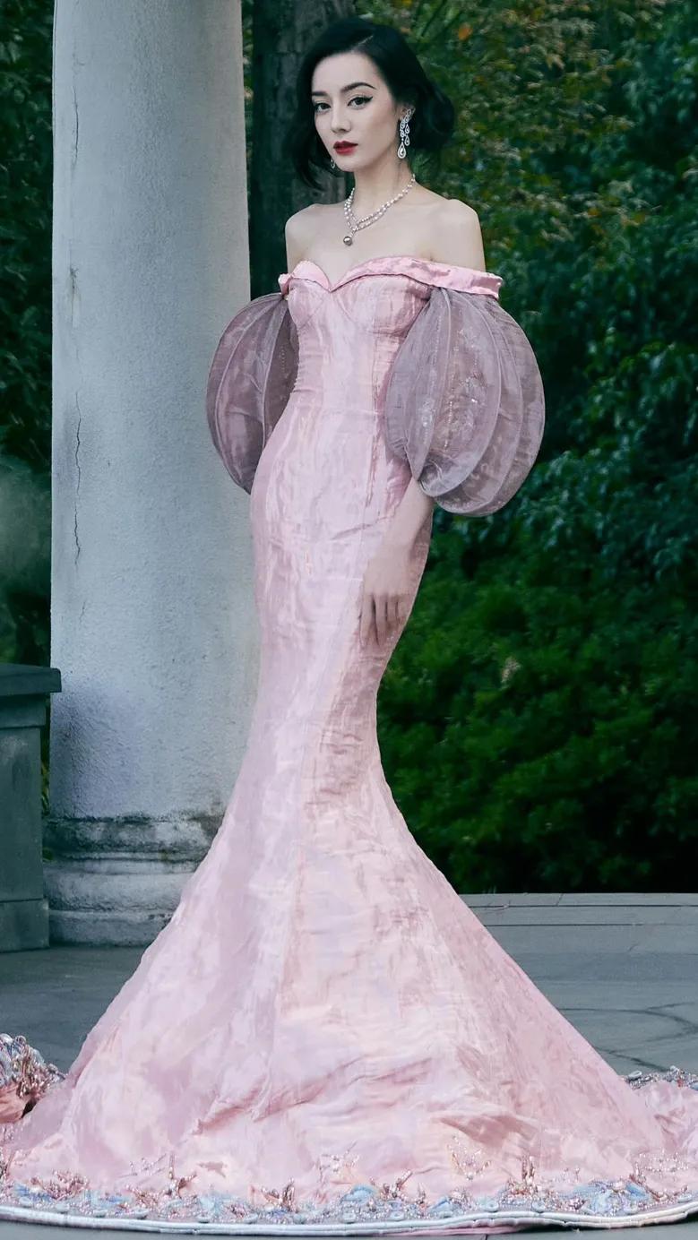 Di Lieba Pink Pearl Lantern Sleeve Trailing Long Dress Modeling Photo ...