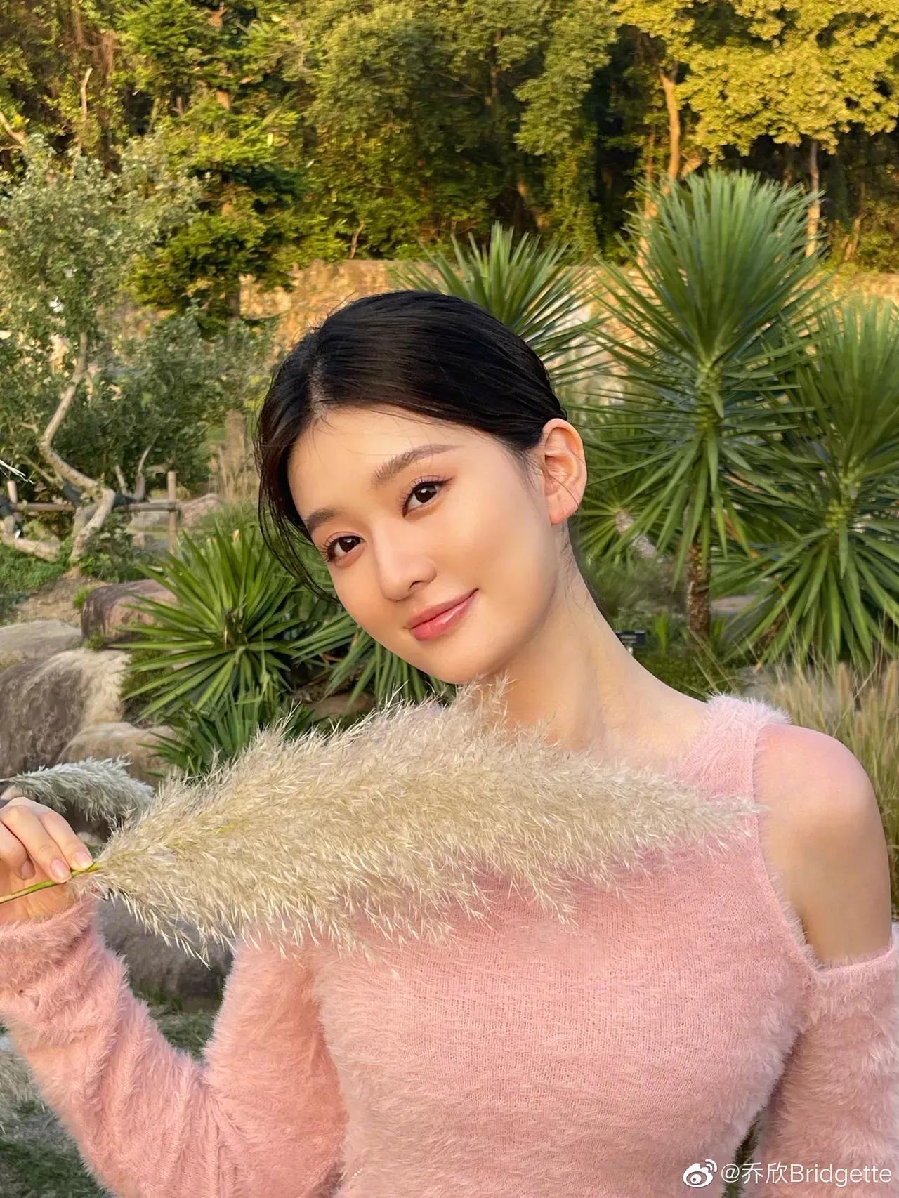 Qiao Xin: Beside the reeds in the sunset, the girl wearing a pink ...
