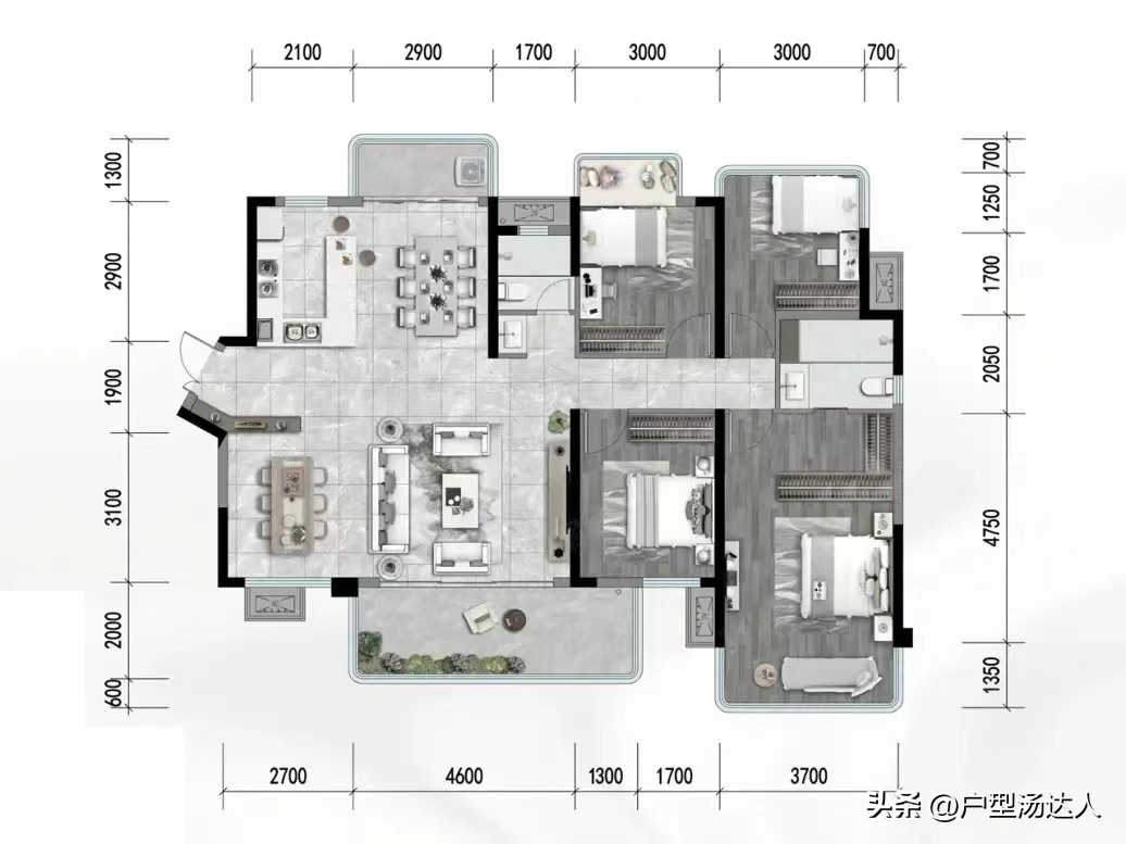 165 square meters, four bedrooms, two living rooms, two bathrooms, and ...