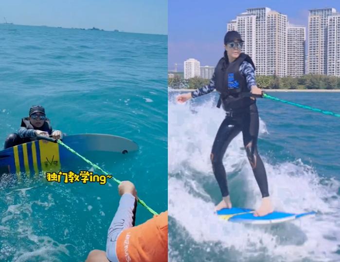 51-year-old Zhong Liti gets opposite-sex guidance in surfing!Wearing a tight swimsuit, the ...