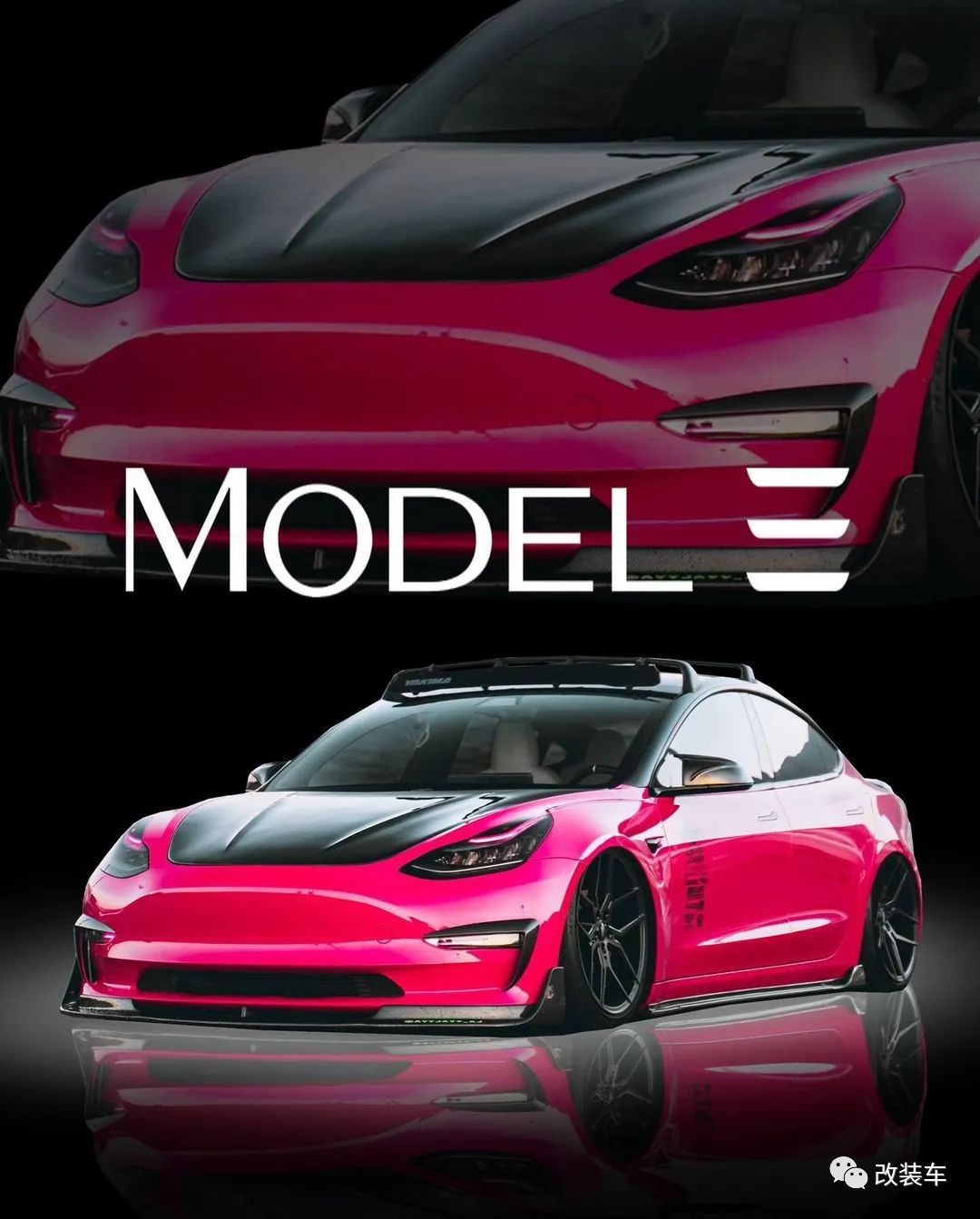 The pink Tesla Model 3 with the gas tank and flame effect, the electric ...