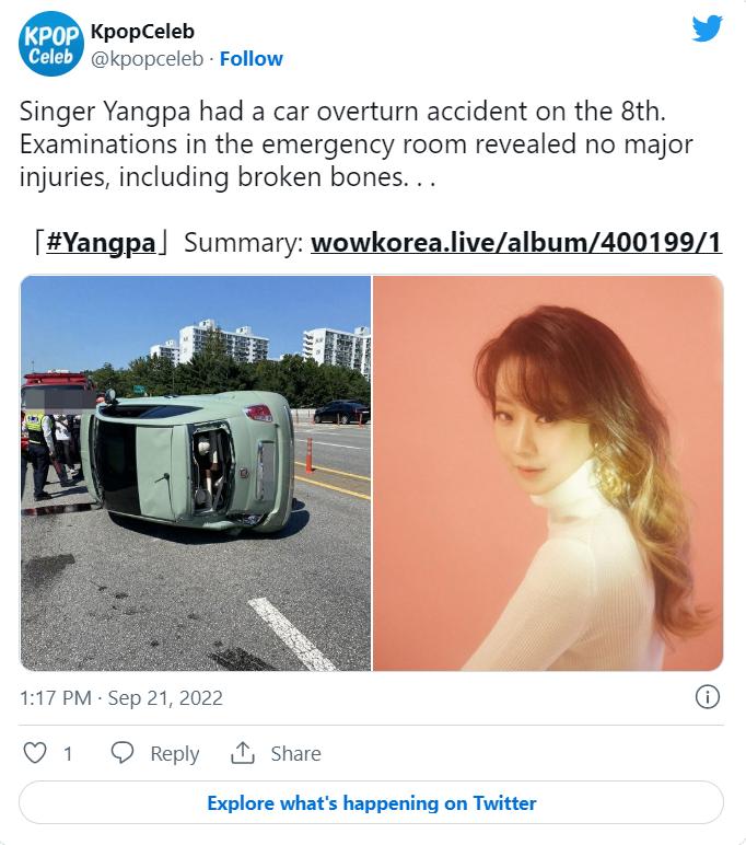 韓國歌手Yangpa驚傳車禍！整台車翻復車窗全碎急送醫 - 頭條匯