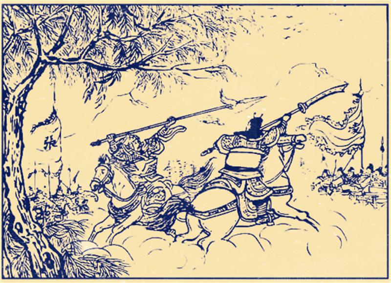 Zhang Fei, Zhang Liao, and Zhang He fight against Wen Chou, Wen Pin ...