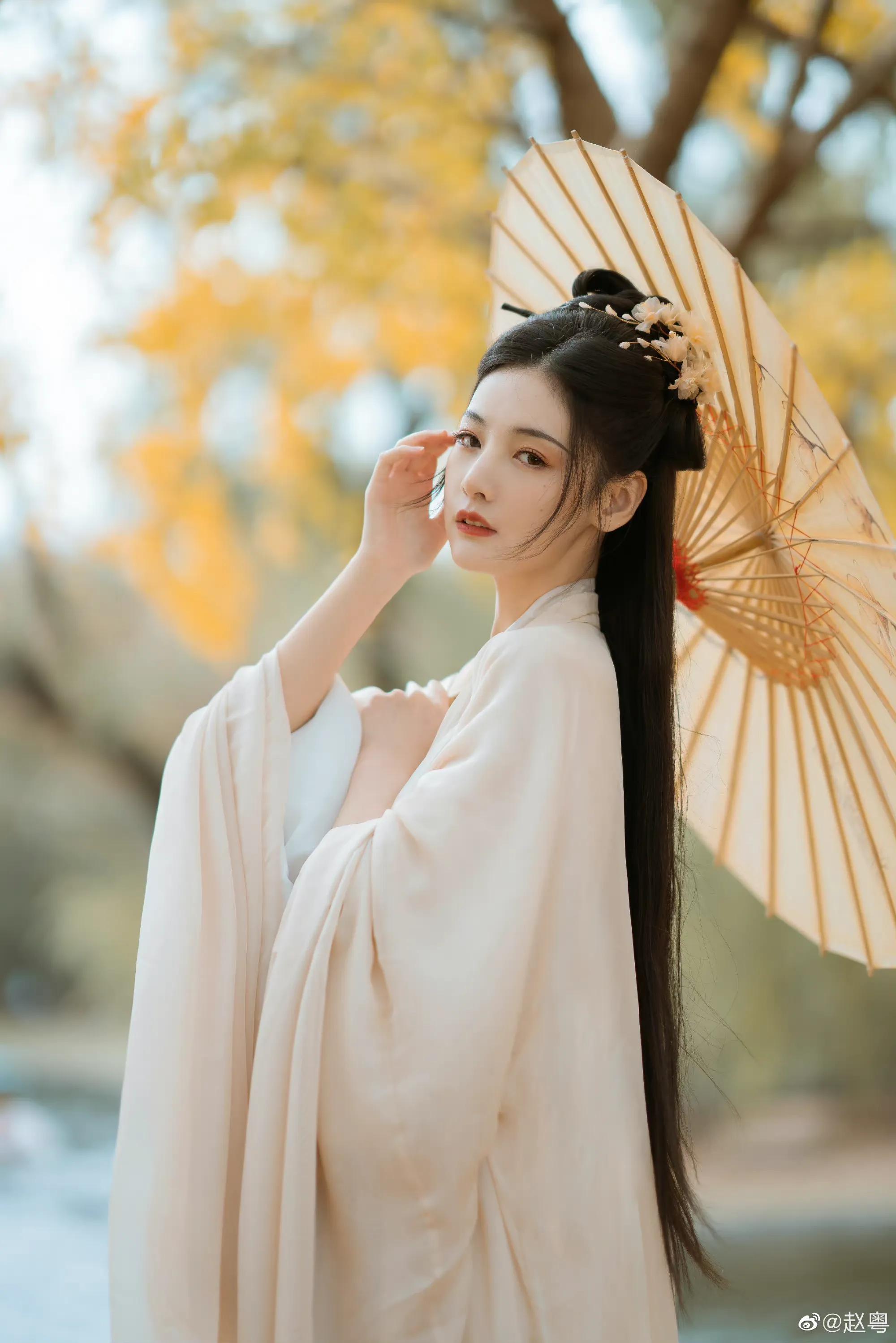 Zhao Yue's ancient style photo under the ginkgo tree, fairy-like ...