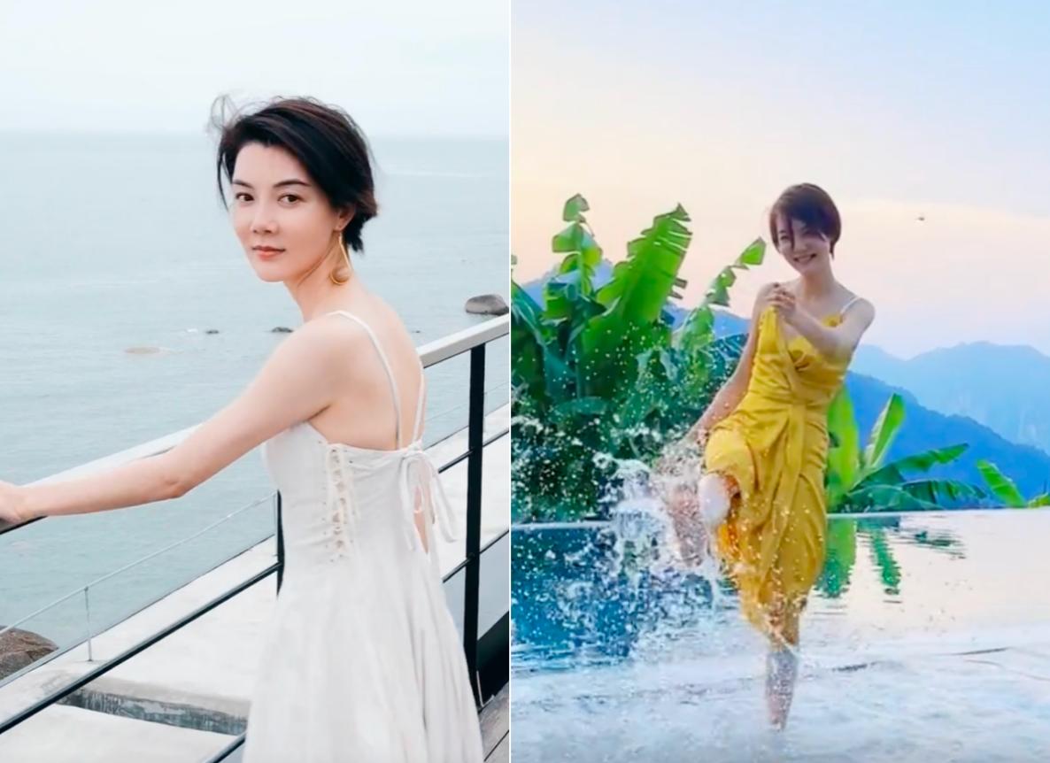 40-year-old Che Xiao wears a suspender to take beautiful photos!Thin ...