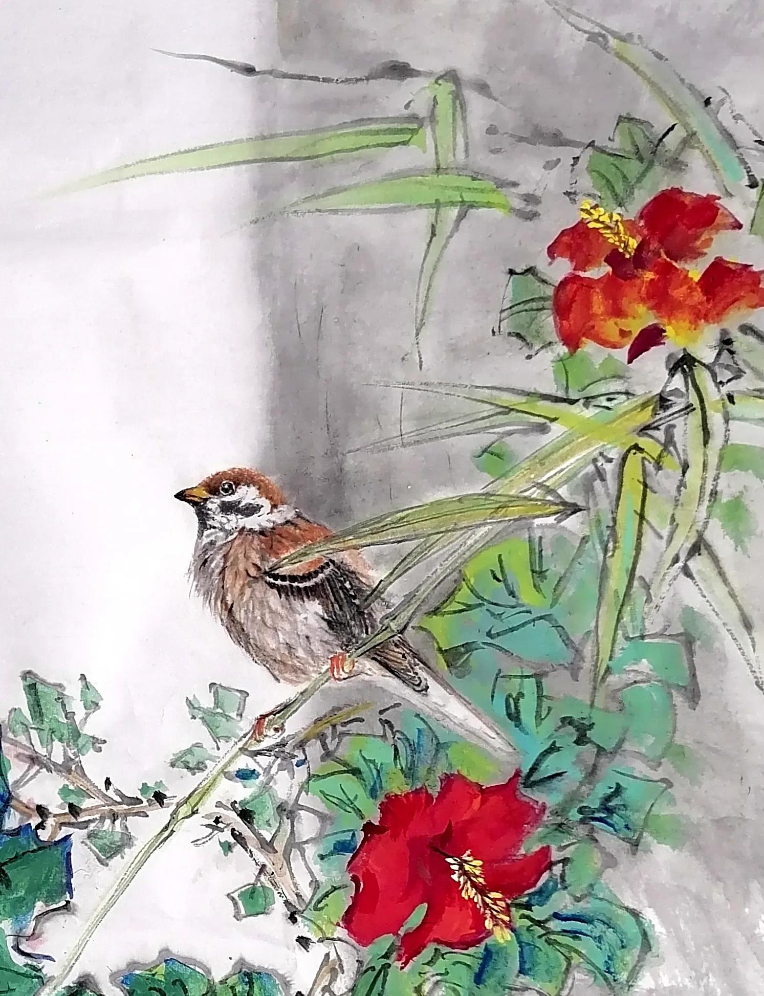 Birds in love with hibiscus perched on bamboo, good birds on the ...