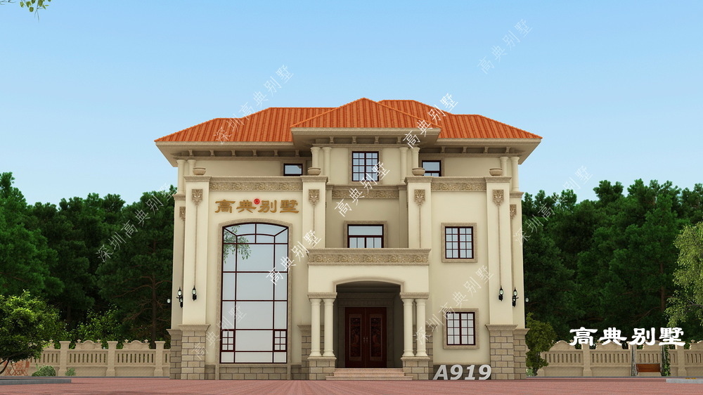 Rural self-built house design drawing, a three-story villa with a ...