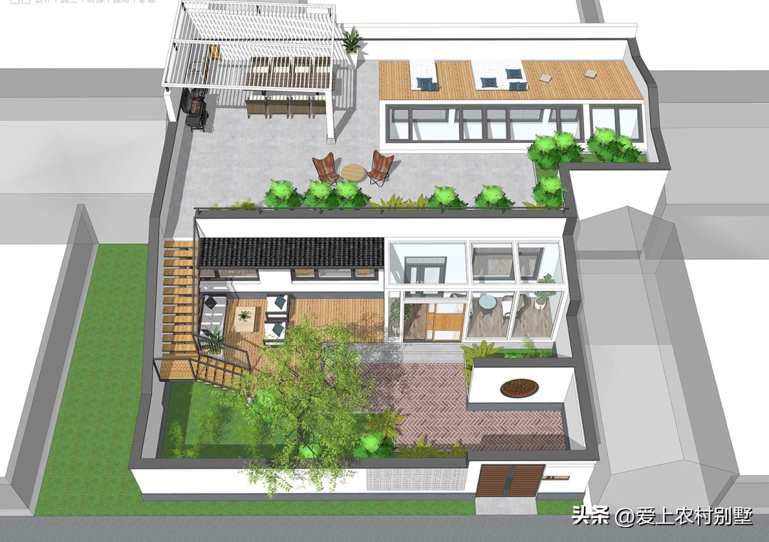 A drawing of a villa with a courtyard on the first floor, the real ...